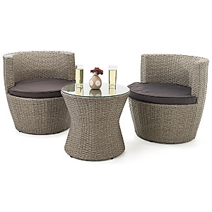 Displays2go Synthetic Wicker Outdoor Furniture Set, Three Piece, Weather-Resistant, Stackable - Taupe (FDOUTDOOR1)