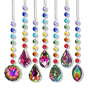 7Pieces Colorful Crystals Suncatcher Hanging Sun Catcher with Chakra Beads Chain Pendant Ornament Crystal Prisms for Window Home Garden Christmas Day Party Wedding Decoration
