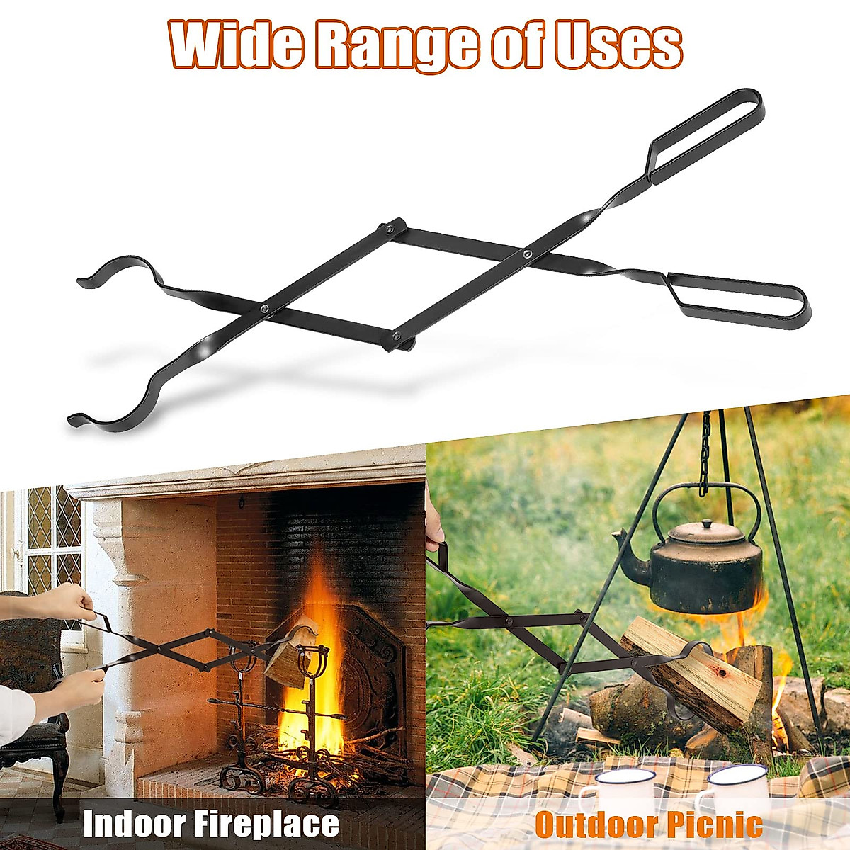 AGM Fireplace Tongs, 26" Fire Pit Accessories Firewood Tongs, Log Grabber for Thick logs, Heavy Duty Wrought Iron Fire Pit FireTongs, Campfire BBQ Stove Log Tweezers, Outdoor/Indoor Fire Pit Tools