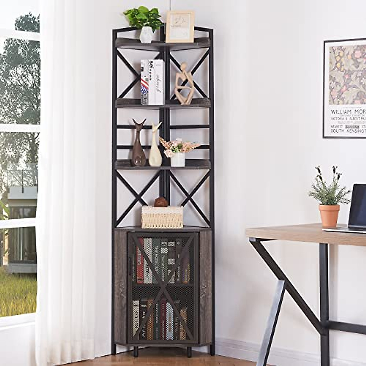 HOMBAZAAR Corner Shelf 5-Tier with Storage,Industrial Corner Bookshelf with Adjustable Board, Rustic Display of Corner Shelf Stand for Living Room, Home Office, Bedroom, Small Space,Grey