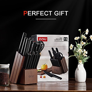 OOU! Kitchen Knife Set with Block, 15 Pieces High Carbon Stainless Steel Knife Block Set, Professional Chef Knife Set with Built-in Sharpener, Ergonomic Handle