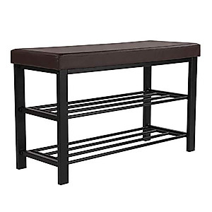 SONGMICS Shoe Bench, 3-Tier Shoe Rack for Entryway, Storage Organizer with Foam Padded Seat, Faux Leather, Metal Frame, for Living Room, Hallway, 12.2 x 31.9 x 19.3 Inches, Brown ULBS58Z