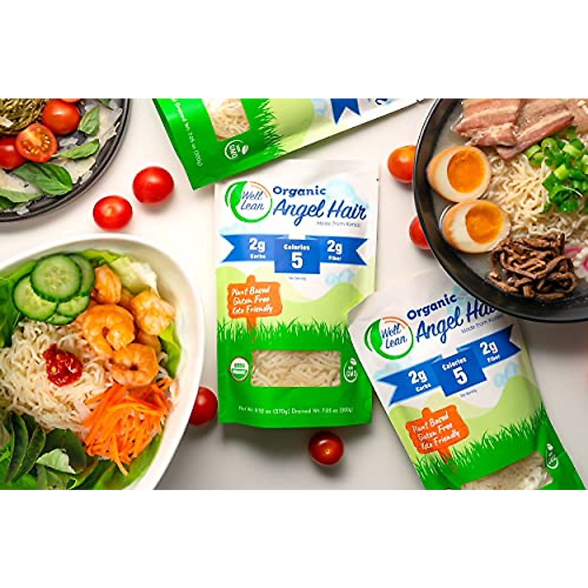 Well Lean Angel Hair — USDA Organic, Low Carb, Low Calorie Konjac Pasta — Ready to Eat and Healthy — Plant Based, Soy Free, Vegan, Paleo and Keto Friendly (6 Pack)