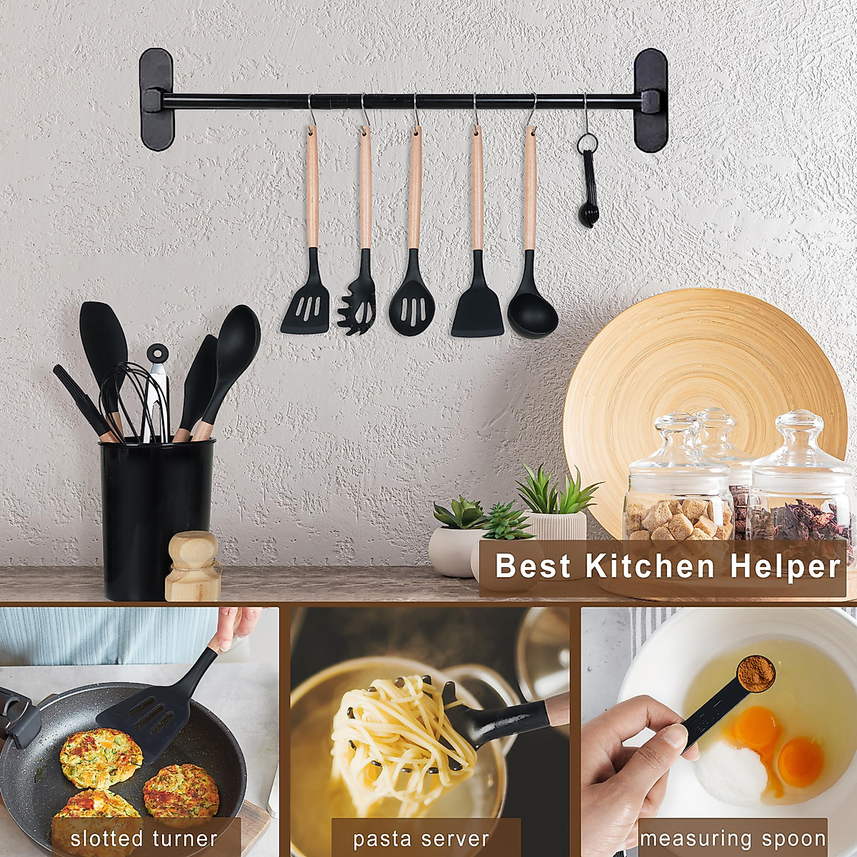 Bayobid silicon kichen utensil set, 27 pieces cooking utensil set, wooden handle non-toxic BPA free kitchn gudget, black silicone kitchen utensils set with high degree of heat resistant with holder.