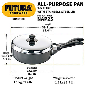 Futura Non Stick 9-Inch All Purpose Frying Pan with Stainless Steel Lid, 2.5-Liter