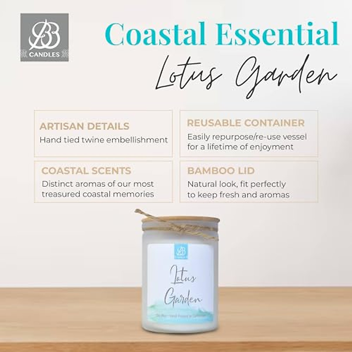 BB Candles Coastal Essentials Natural Soy Hand Poured Candle, Lotus Garden Scent, Fragrant Coastal Candle with Strong Scents, Artisan Candle, 12oz, 90+ Hours Burn Time