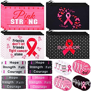 Tanlade 36 Pcs Breast Cancer Survivor Gifts for Women Girl Include Breast Cancer Awareness Makeup Bags Novelty Pink Ribbon Buttons Badge Hope Faith Strength Courage Inspiring Wristband for Party Favor