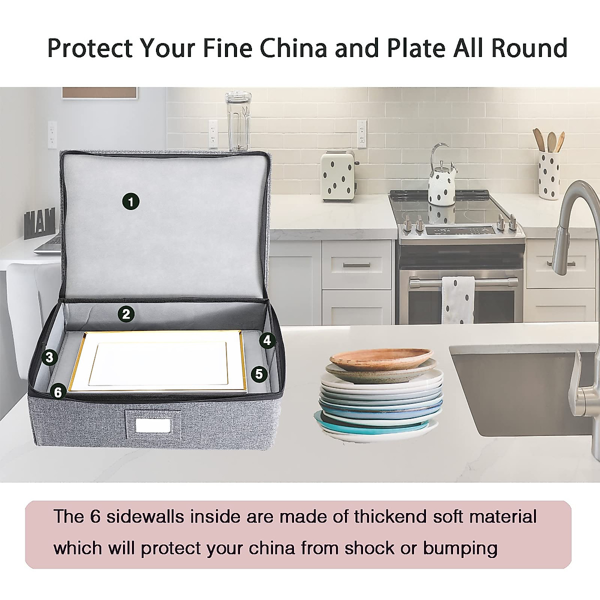 TEYIKA 2 Pcs China Storage Containers, Platter Storage Case Containers, 5.5'' Tall with Hard Shell, Structured Top, Bottom and Sides, 8 Felt Dividers Included(17'' x 13'' x 5.5''), Grey 2 Pack