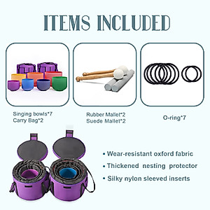 432HZ 6''-12'' Set of 7 Colored Crystal Singing Bowl Sound Healing with 2 Case Bags