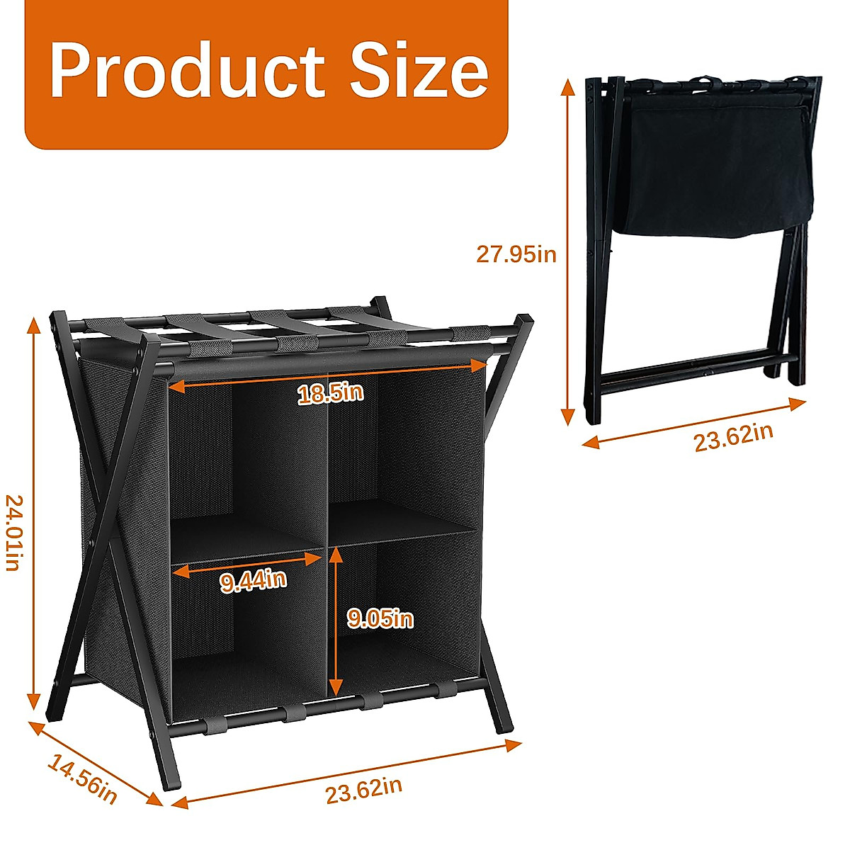 Huhote Luggage Rack for Guest Room, Set of 2, Folding Suitcase Stand with Fabric Storage Shelf, Luggage Holder, Steel Foldable Luggage Stand for Guest Room, Bedroom, Hotel, Black