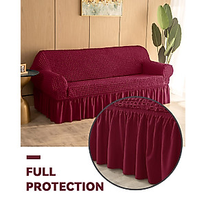 BLUESURGE Sofa Slipcover 1 Piece for 3 Cushion Couch Cover with Skirt, Durable Washable High Elastic Stretchable, Easy Fit Universal Furniture Protector (3 Seater, Maroon)