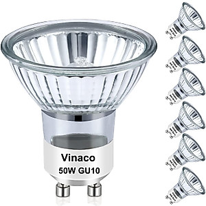 Vinaco GU10 Bulb, 6 Pack MR16 GU10 120V 50W Long Lasting, GU10 Halogen Bulb Warm White 2800K, 50W GU10 Dimmable with GU10 Base for Track Light Bulbs, Hood Light Bulbs. Halogen GU10+C 120V 50W