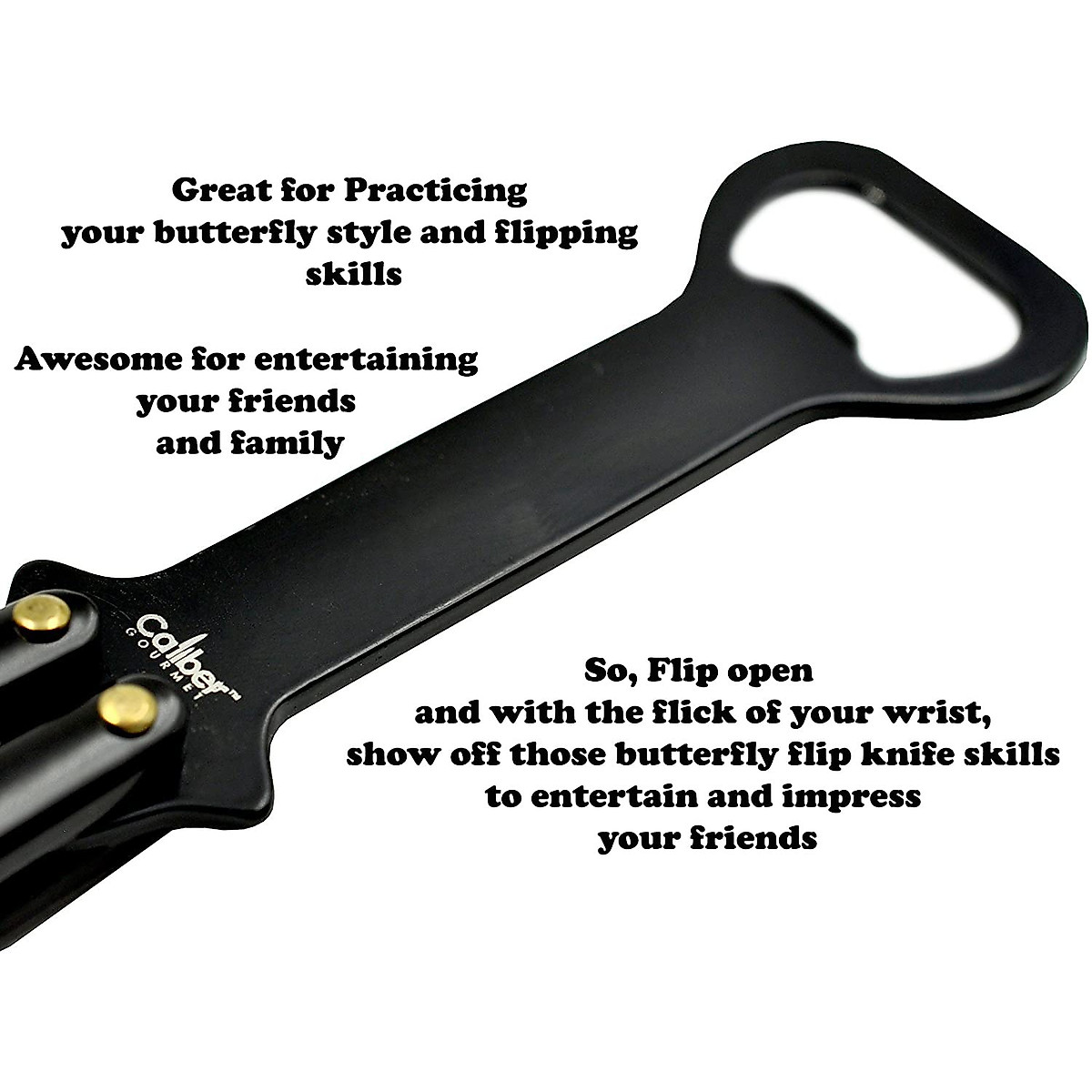 Caliber Gourmet CBG-1021-BK Butterfly Knife Style Multitool Butterfly Bottle Opener and Beer Opener Bartender Supplies, Black