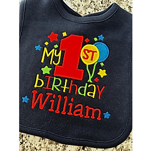 Fantasy Kids Designs First Birthday Boy Bib Personalized with Baby Name (Navy Blue Bib/Red)