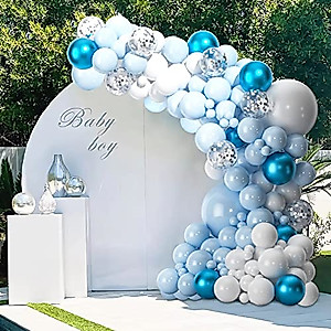 Blue Balloons Garland Arch Kit, 136pcs Metallic Blue White Silver Confetti Balloons Baby Blue Balloon Arch Kit for Boy Baby Shower Birthday Wedding Frozen Party Decorations