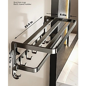 Bathroom Towel Bar 24 in Double Foldable Suction Cup Wall Mounted Towel Bar Organizer with 7 Hooks Bathroom Toilets Verandahs Simple Installation Bathroom Stands No Need to Punch Holes Modern Gray