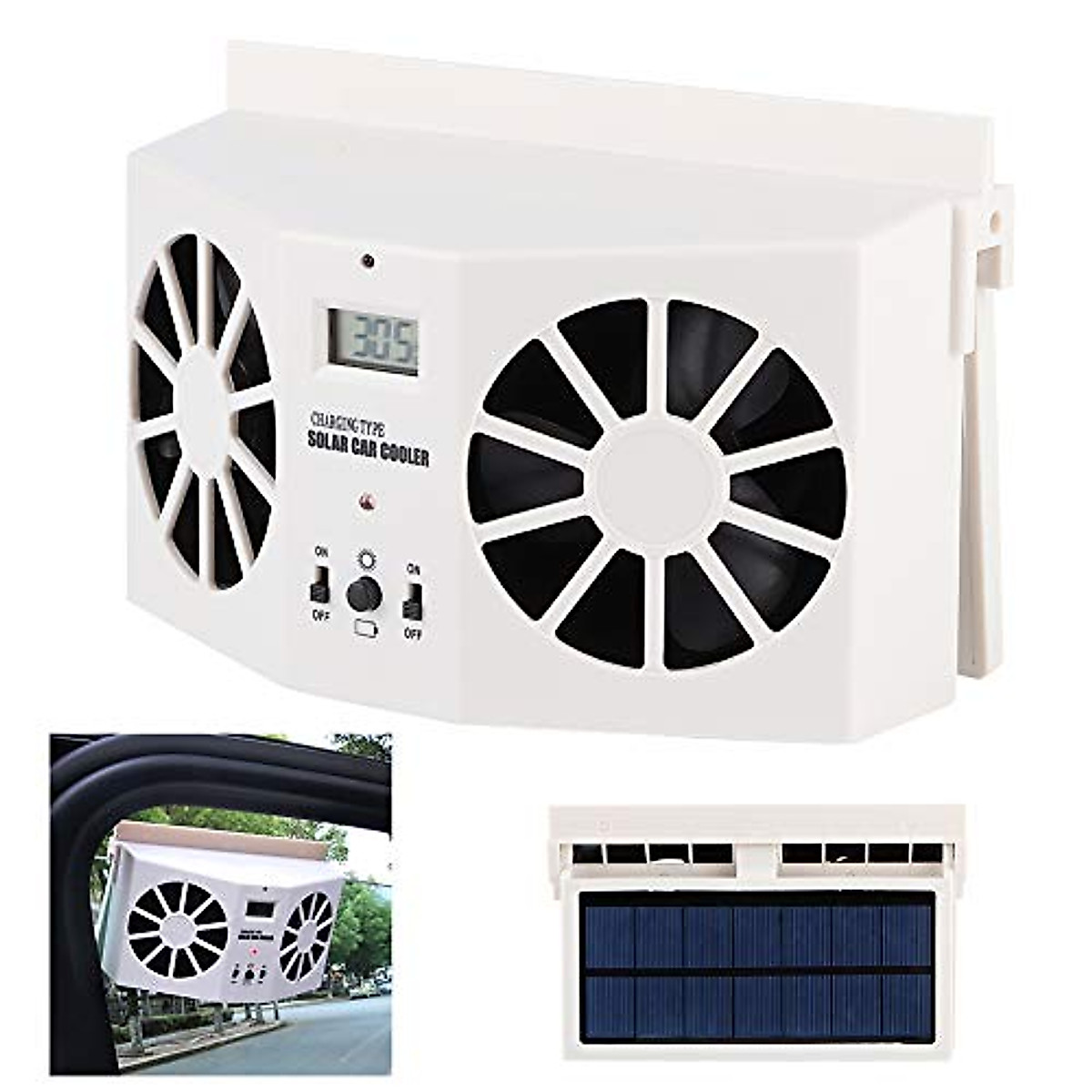 Fydun Solar Power Car Exhaust Fan with Two Air Vent Outlets Exhaust Fan Radiator Cooling Ventilation for Car, White