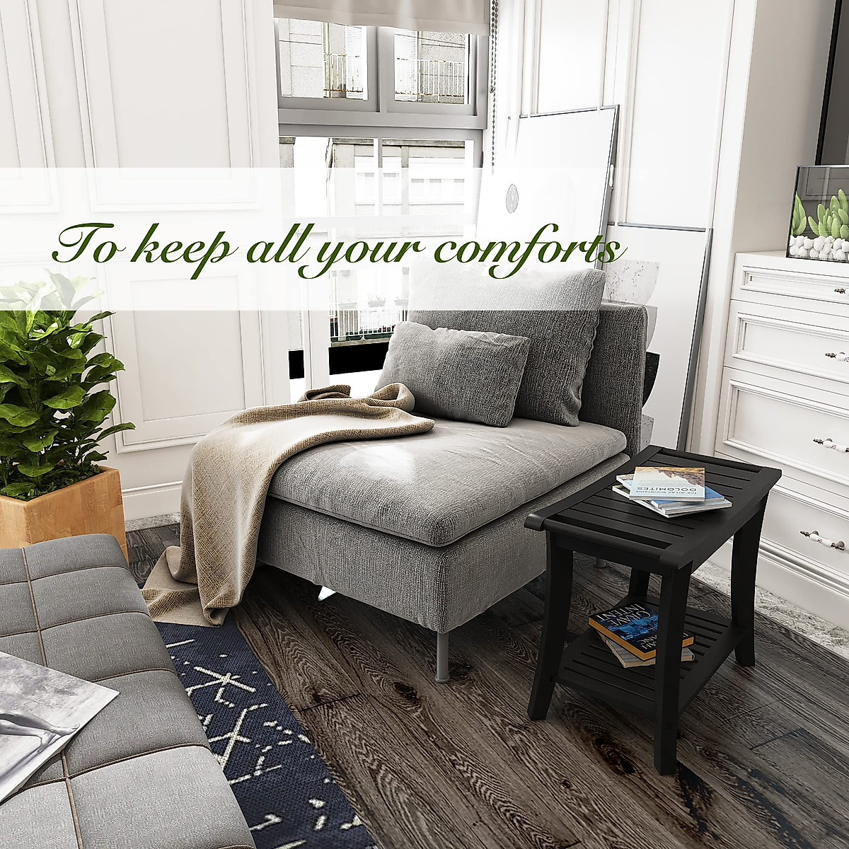 Bamboo Shower Bench Inside Shower Stool with Storage Shelf, Spa Bath Chair for Bathroom, Seat or Organizer for Living Room, Bedroom and Garden - Great for All Ages Unisex Elderly (Waterproof, Black)