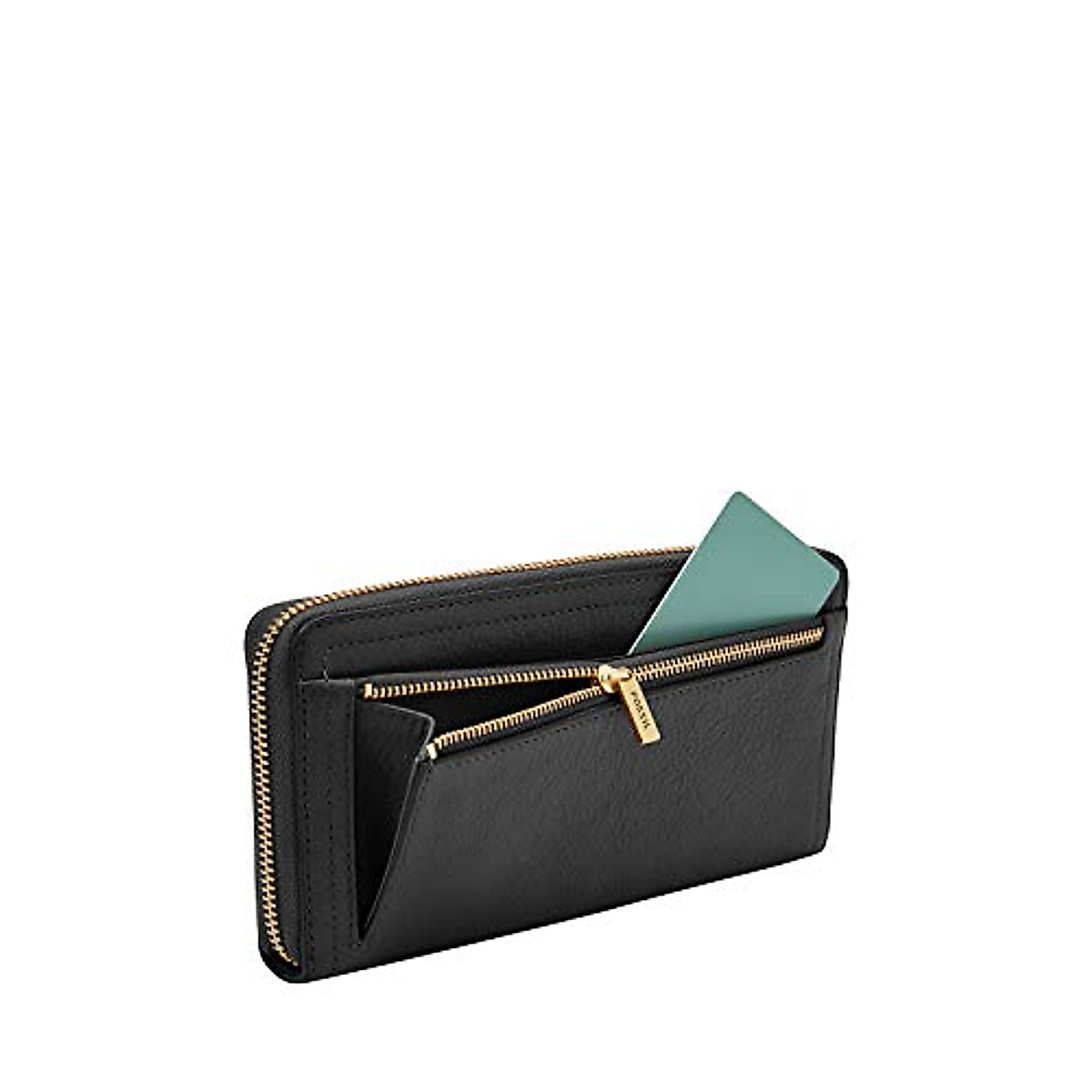 Fossil Women's Maya Leather Small Hobo Handbag, Black with Women's Logan Faux Leather RFID Zip Around Clutch Wallet, Black