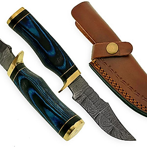 Custom Handmade Damascus Steel Hunting Knife/Skinning Knife SS-17453 (Blue & Black Wood) (Red) (Blue)