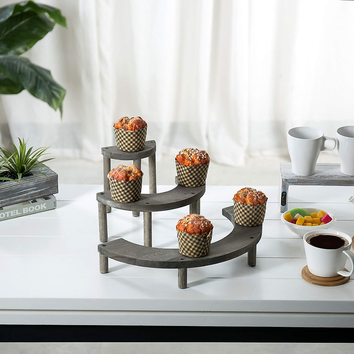 MyGift Semicircle 3 Level Cupcake Stand Set, Vintage Gray Wood Display Riser, 3-Piece Set