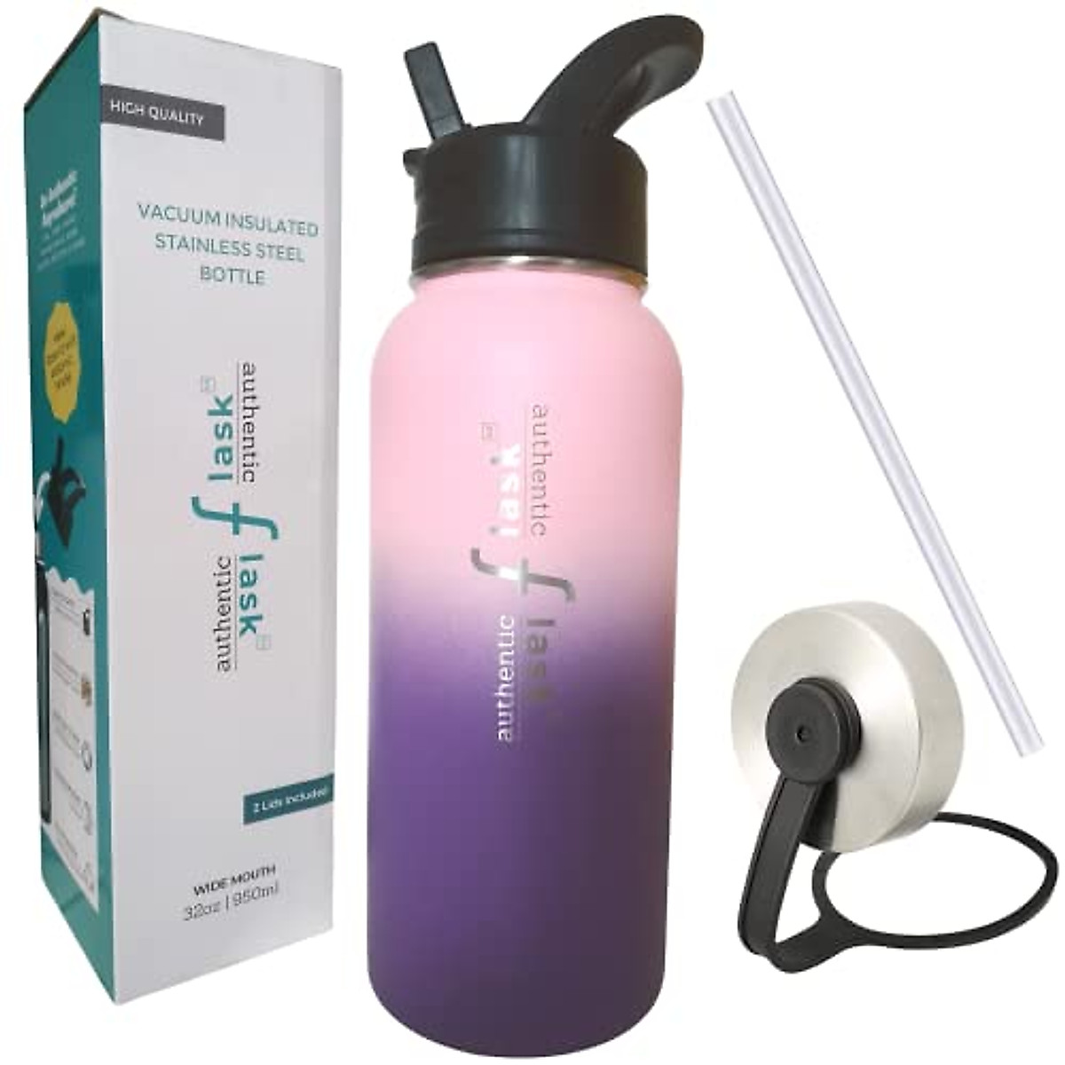 Authentic Flask 32oz Double Vacuum Insulated Water Bottle Wide Mouth w/Stainless Steel and Straw Lids, Reusable and Modern Hydro Thermo 24hs Cold 12hs Hot (BLUE BERRY)