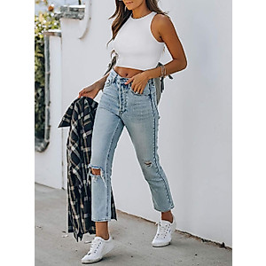 REORIA Women's Sexy Sleeveless High Neck Racerback Cropped Tank Tops Cute Teen Girls Halter Neck Crop Tops Vest White Small