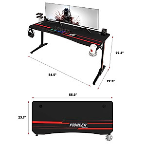 Devoko 55 Inch Gaming Desk T-Shaped PC Computer Table with Free Mouse Pad Carbon Fibre Surface Home Office Desk Gamer Table with Game Handle Rack Headphone Hook and Cup Holder (Black)