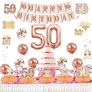 Crenics Rose Gold 50th Birthday Decorations for Women - Happy 50 Birthday Banner, Honeycomb Centerpieces, Hanging Swirls and Balloons for 50 Birthday Party Supplies