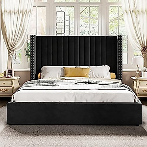 Jocisland Queen Bed Frame Lift Up Storage Bed, Velvet Queen Upholstered Bed Frame Channel Tufted Wingback Headborad/No Box Spring Needed/Black