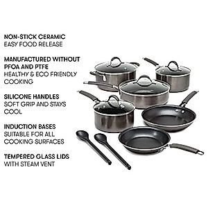Cooking Light Allure Non-Stick Ceramic Cookware with Silicone Stay Cool Handle, 12 Piece Set, Charcoal