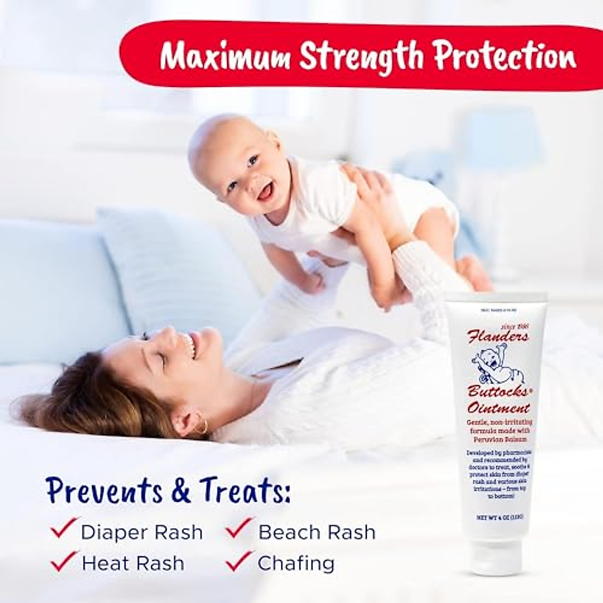 Flanders Buttocks Ointment - Diaper Rash Cream for Treatment & Prevention, Pharmacist Developed, Heat Rash & Chafing in Infants to Adults, Instant Relief (2 Pack of 4oz Tubes)