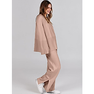 ANRABESS Womens 2 Piece Outfits Oversized Knit Sweater Set Wide Leg Pant Cozy Lounge Matching Pajama Sets 2024 Trendy Clothes Deep Apricot X-large