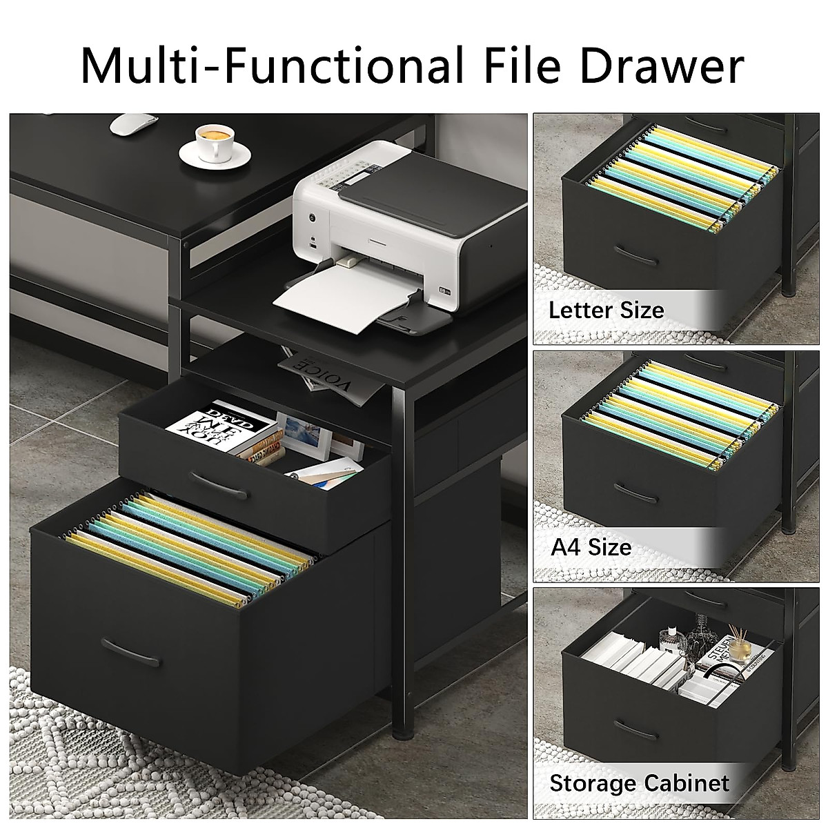 YOMILUVE L Shaped Desk with File Drawer and Storage Shelves, Reversible Computer Desk with Power Outlet for Home Office, Corner Gaming Desk with Full Monitor Stand