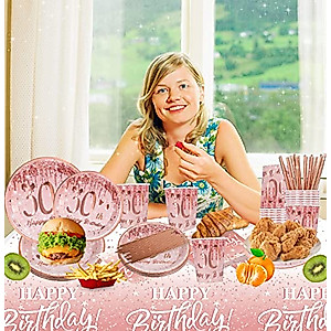 30th birthday decorations for women her - (Total 121pcs) rose gold Birthday supplies Plates and Napkins, Cups, Straws, tablecloth, Disposable Tableware for 24 Guests