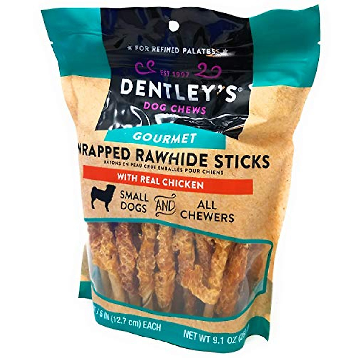 Dentley's Gourmet Wrapped Rawhide Sticks Dog Treats - Chicken 40 Count Per Pack