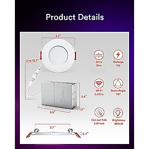 Lumary 3 Inch Smart Recessed Lighting WiFi Bluetooth Smart LED Recessed Lights 7W 350LM LED Wafer Downlight with Junction Box Work with Alexa/Google Assistant(1 Pack)