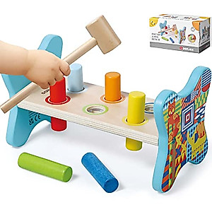 Dorjee Wooden Pegs Hammer Toy for Toddlers 1-3, Pounding Bench with 6 Colorful Wooden Pegs and a Toy Hammer, 1 Year Old Montessori Educational Toy for Early Development, Fox