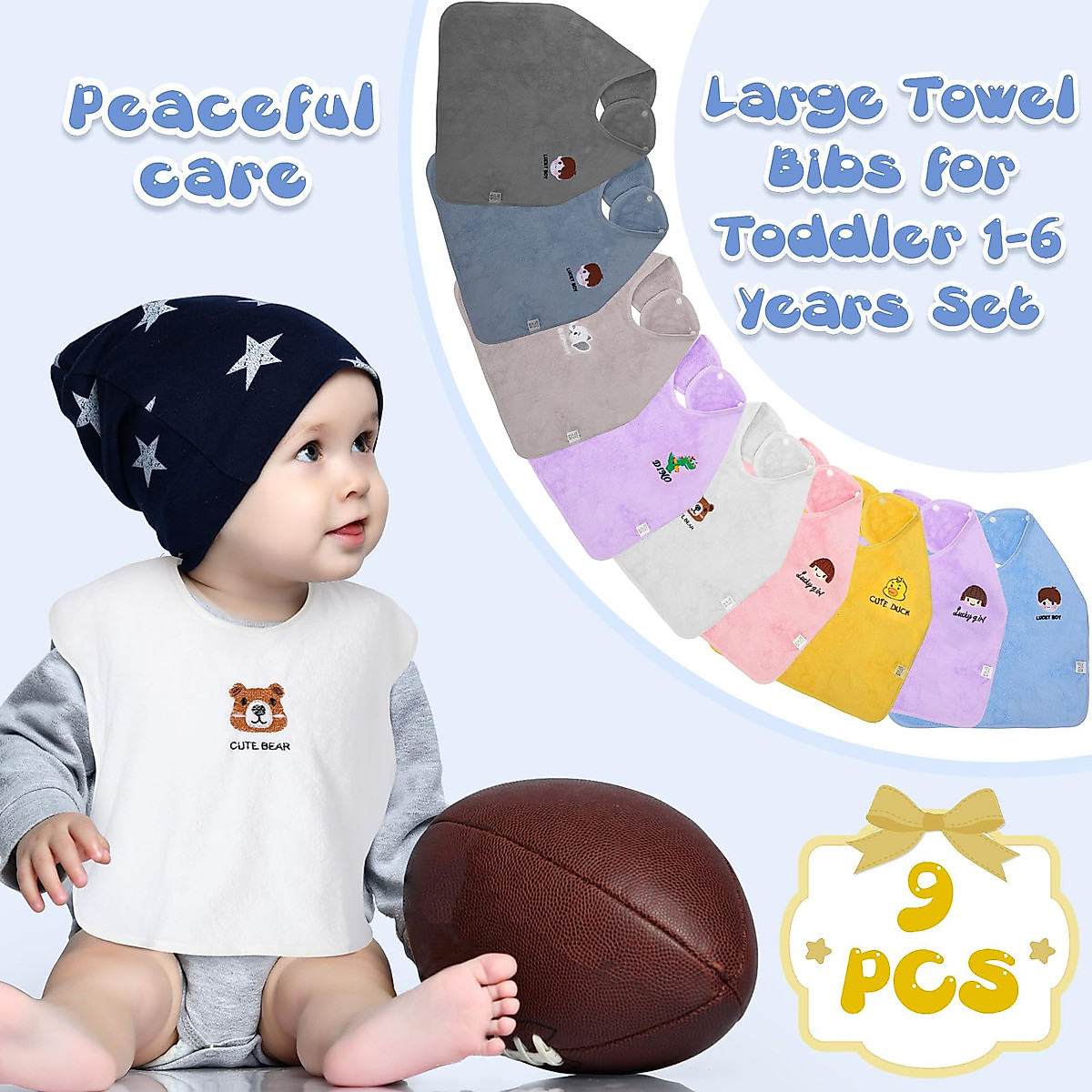 Newwiee 9 Pieces Baby Food Bibs Unisex Toddler Bibs for Feeding Soft Adjustable Large Towel Bibs Water Absorbent Oral Fleece Drooling Bibs with Snaps for Girls Boys Eating Teething, 9 Styles