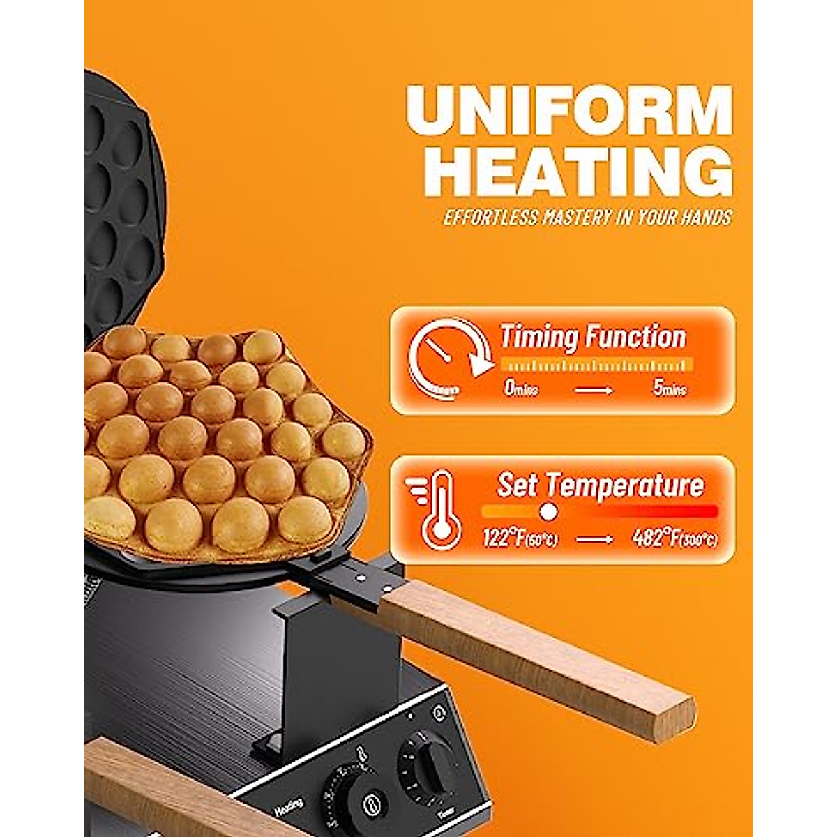 PYY Double Bubble Waffle Maker Commercial Waffle Maker Non-stick Hong Kong Egg Waffle Maker for Home Use Stainless Steel Pancake Maker 180° rotate, 1500W 110V Electric Cone Maker 50-250℃/122-482℉