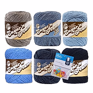 Lily Sugar'n Cream 100% Cotton Yarn 6-Pack Bundle with Bella's Crafts Stitch Markers (Blue Mix 2)