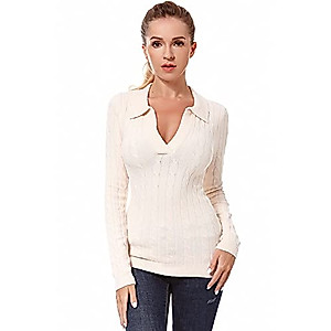 AmélieBoutik Women Collar V Neck Cable Knit Long Sleeve Pullover Sweater (Creamy White X-Small)