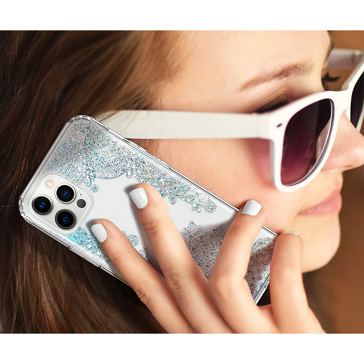 Coolwee Clear Glitter Compatible with iPhone 12 Pro Max Case Thin Flower Cute Crystal Lace Bling Women Girls Floral Plastic Hard Back Soft TPU Bumper Protective Cover Slim Fit Mandala Henna