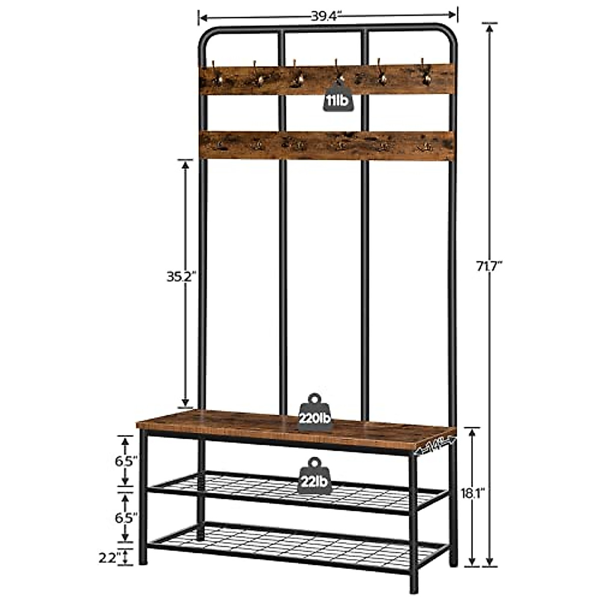 HOOBRO Hall Tree with Bench, Entryway Bench with Coat Rack, Mud Room Bench with 12 Double Hooks and Storage Bench, Coat Tree, Shoe Rack Organizer, for Foyer, Front Door, Rustic Brown BF05MT01