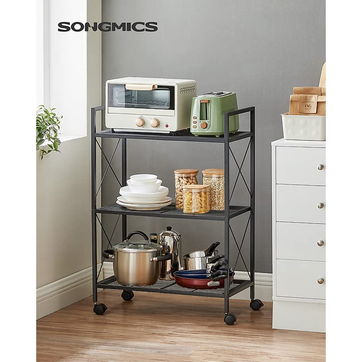 SONGMICS 3-Tier Metal Storage Rack with Wheels, Mesh Shelving Unit with X Side Frames, 23.6-Inch Width, for Entryway, Kitchen, Living Room, Bathroom, Industrial Style, Black UBSC163B01