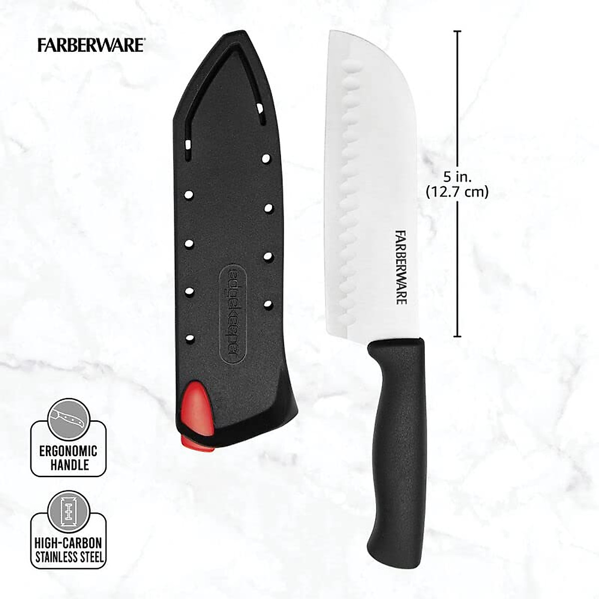 Farberware Edgekeeper 5-Inch Santoku Knife with Self-Sharpening Blade Cover, High Carbon-Stainless Steel Kitchen Knife with Ergonomic Handle, Razor-Sharp Knife, Black