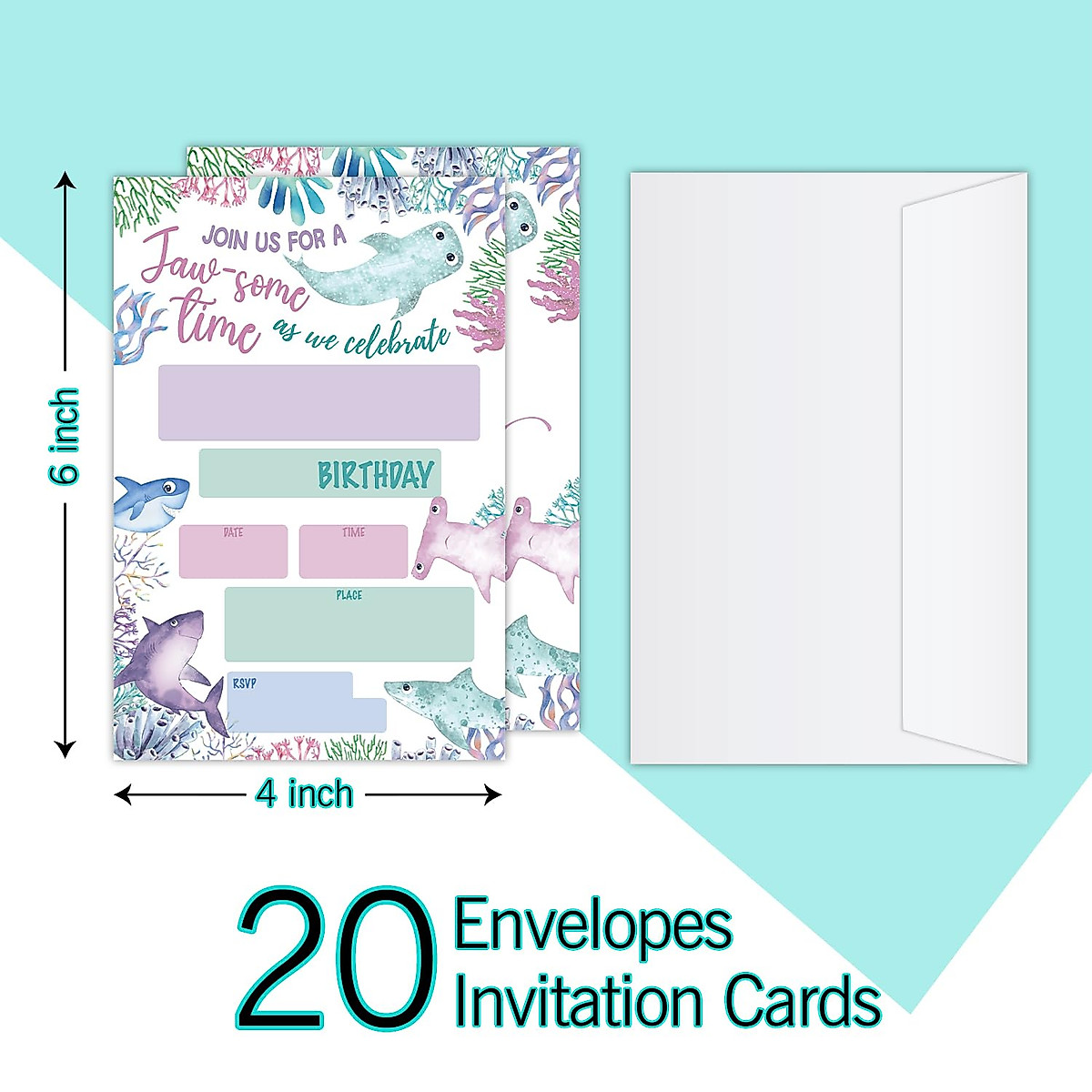 JioJio Chan Shark Attack Birthday Invitation Cards Shark Theme Party Invite Pool Birthday party Invitations Pool Birthday Party Supplies for kids, Shark Tastic, 20 Invitations and Envelopes (J571)