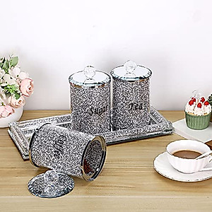 JUXYES Set of 4 Sparky Glass Crushed Diamonds Canisters Set for Sugar Coffee Tea Features Tray, Luxurious Storage Containers Sets with Lids Decorative Storage Pots for Kitchen Counter Dining Room