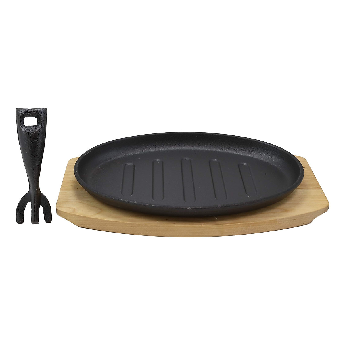 Ebros Personal Size 10.5" By 7" Enamel Coated Cast Iron Sizzling Fajita Skillet Ridged Japanese Steak Plate With Handle and Wood Base For Restaurant Home Kitchen Cooking Pan Grilling Meats Seafood