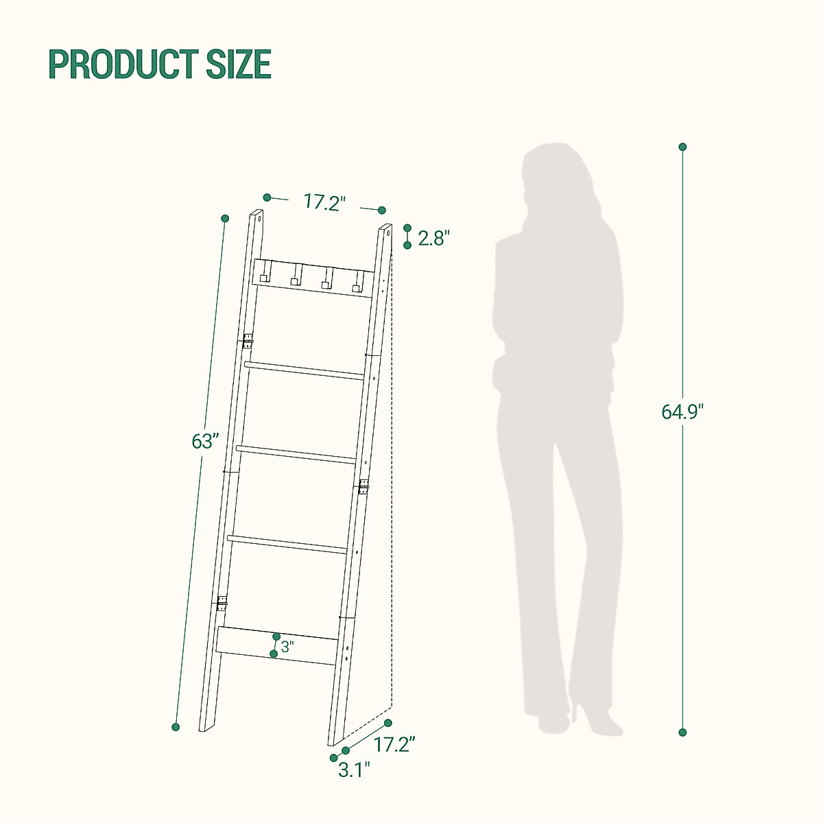 Hzuaneri Blanket Ladder for Living Room, Decorative Quilt Rack with 4 Removable Hooks, 5-Tier Farmhouse Ladder Holder Shelf Organizer for Bedroom, Greige and Black BR02105B